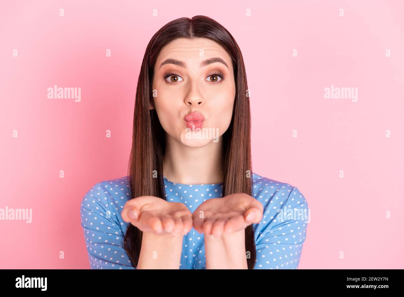 Photo of young charming pretty lovely sweet girl pout lips send you air ...