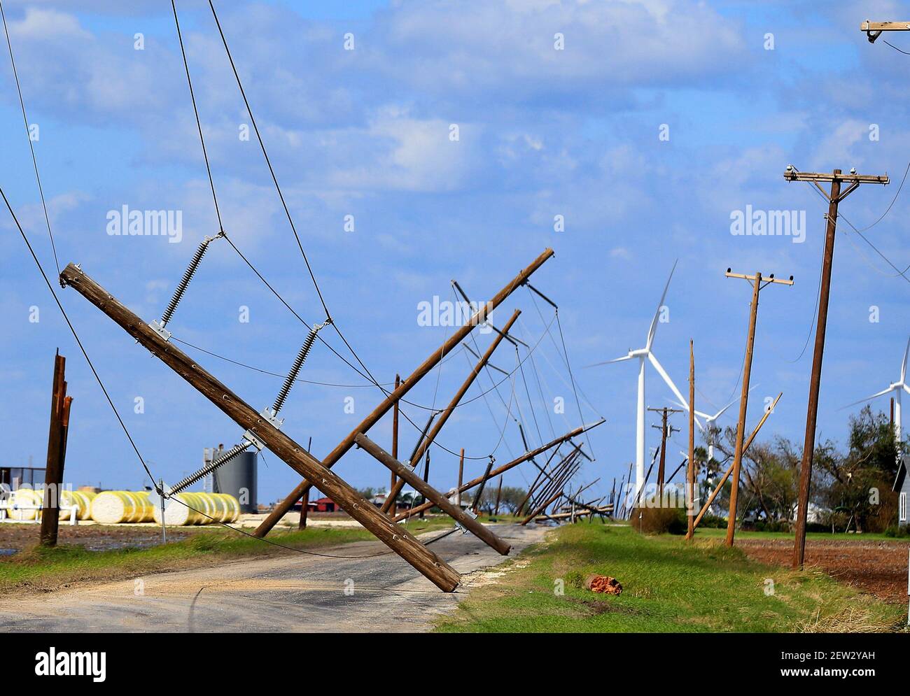 Power poles destroyed by Hurricane Harvey, on Tuesday, Aug. 29, 2017 ...