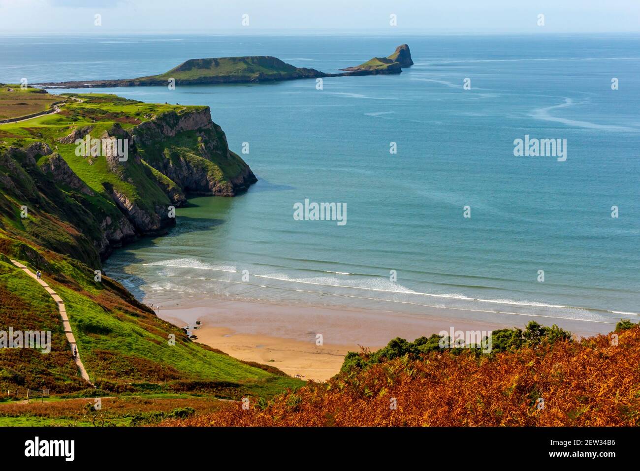 View of Worms Head a carboniferous limestone headland on the western side of the Gower Peninsula ...