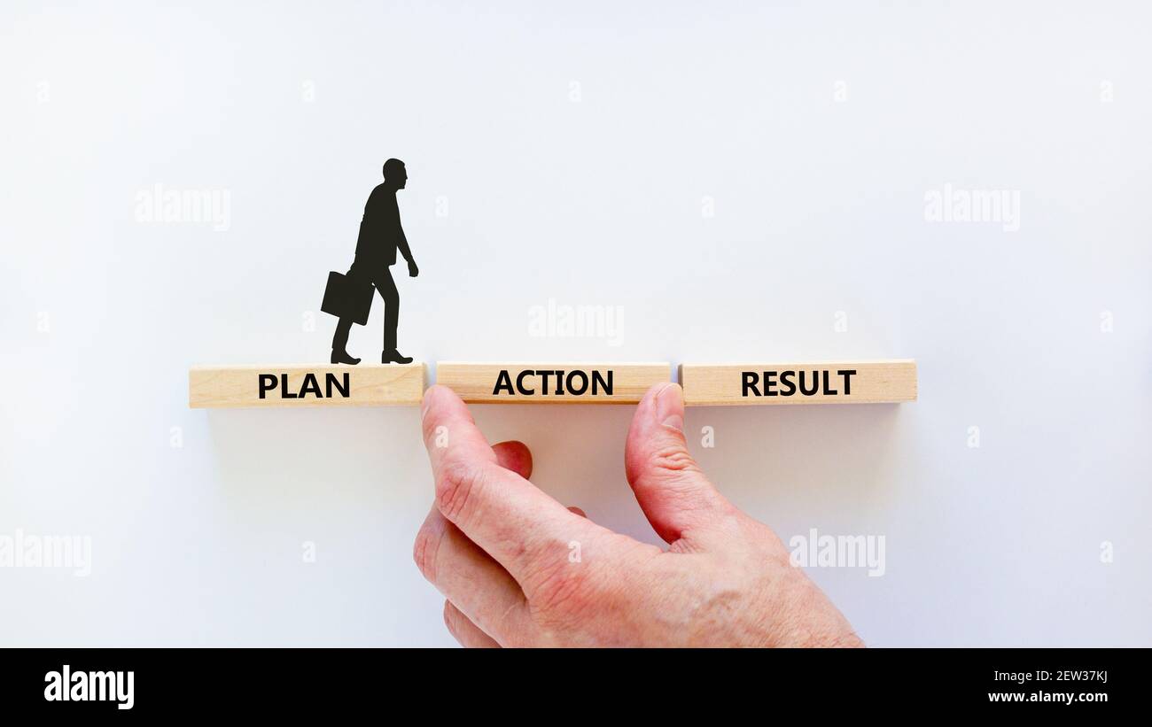 Plan, action, result symbol. Wooden blocks form the words 'plan, action ...