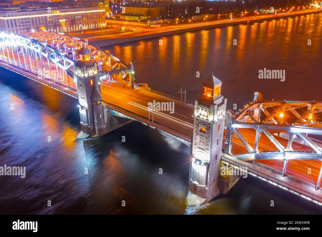 Saint Petersburg. Russia. Bolsheokhtinsky bridge in the night aerial ...