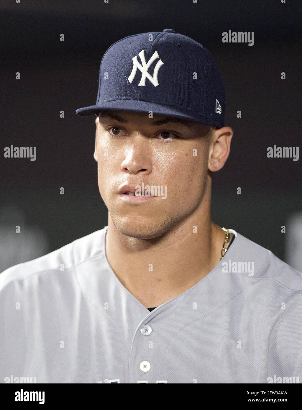 New York Yankees right fielder Aaron Judge (99) in the dugout prior to ...