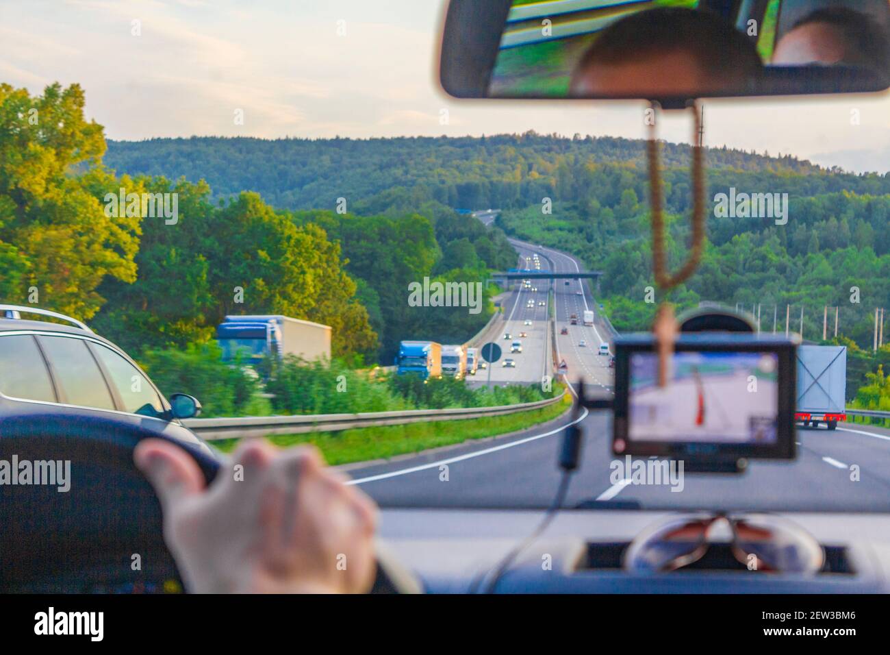 Driving on the German highway view from the interior of the car Stock ...