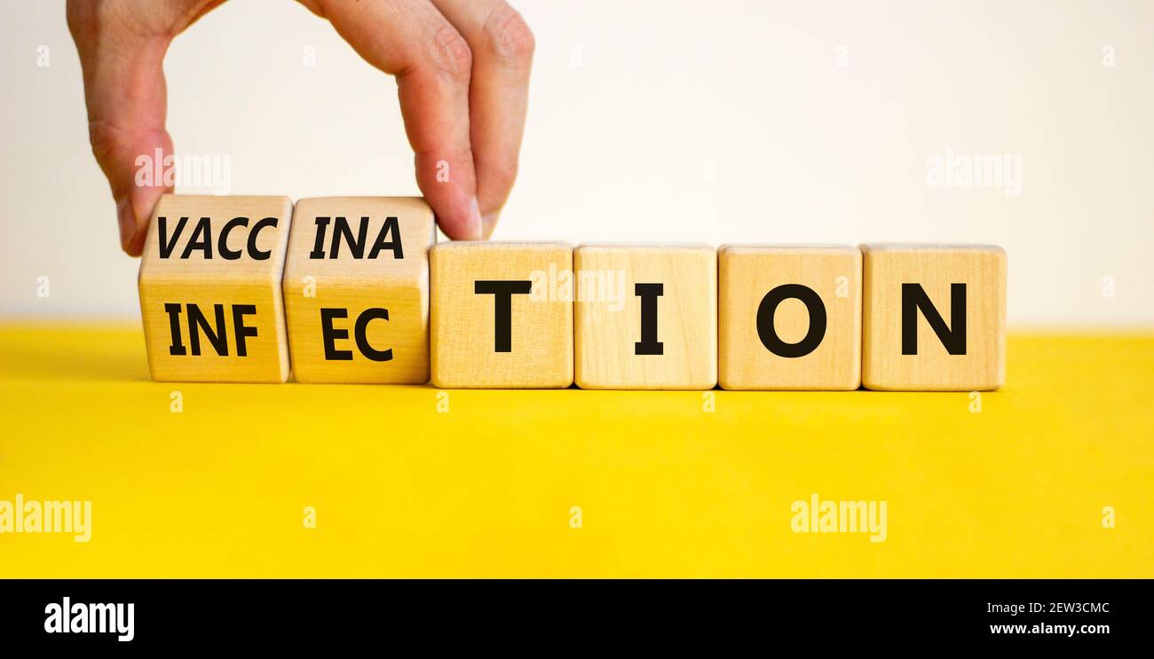 Vaccination vs infection symbol. Doctor turns wooden cubes and changes ...