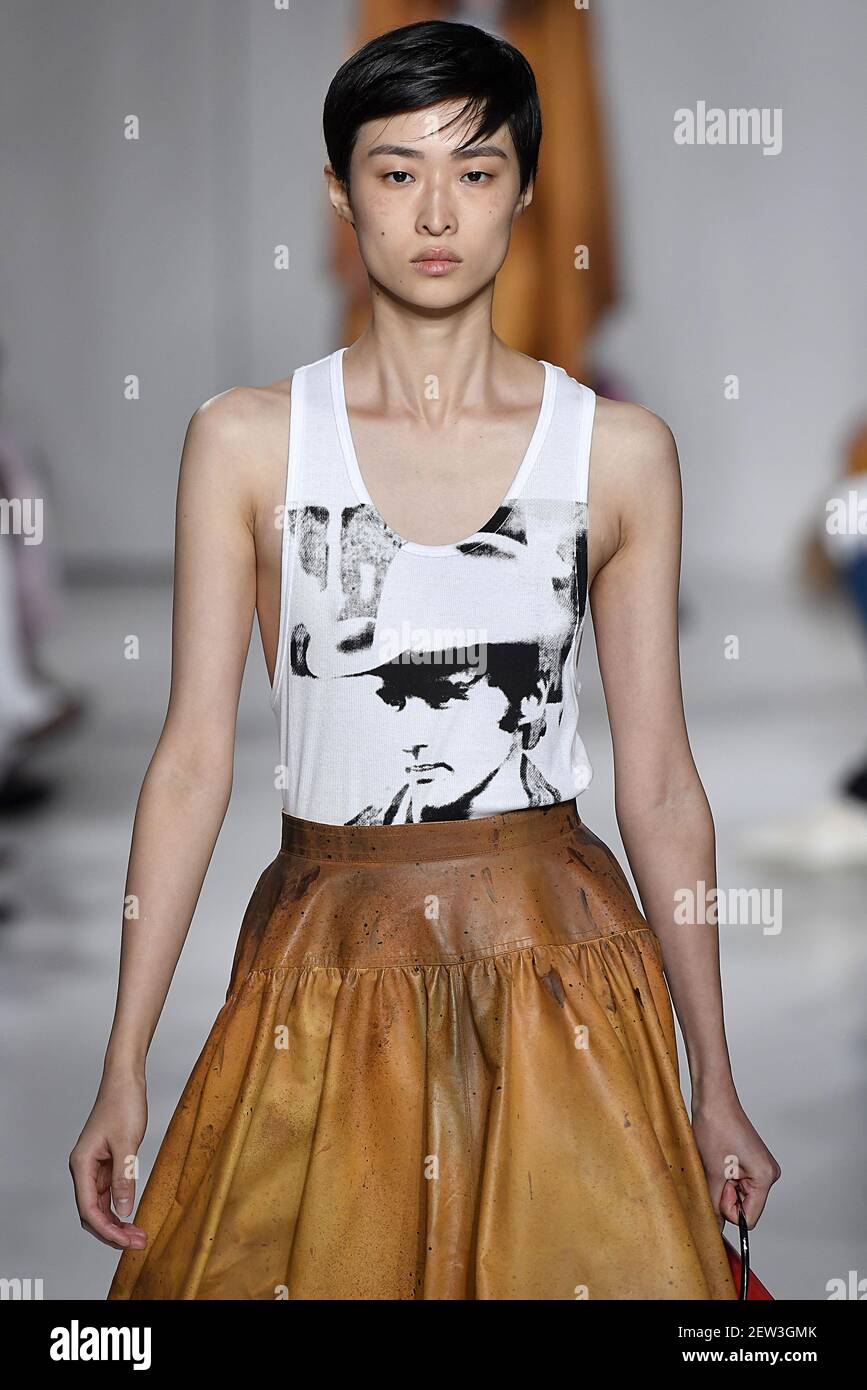 Model Chu Wong walks on the runway during the Calvin Klein Fashion show ...