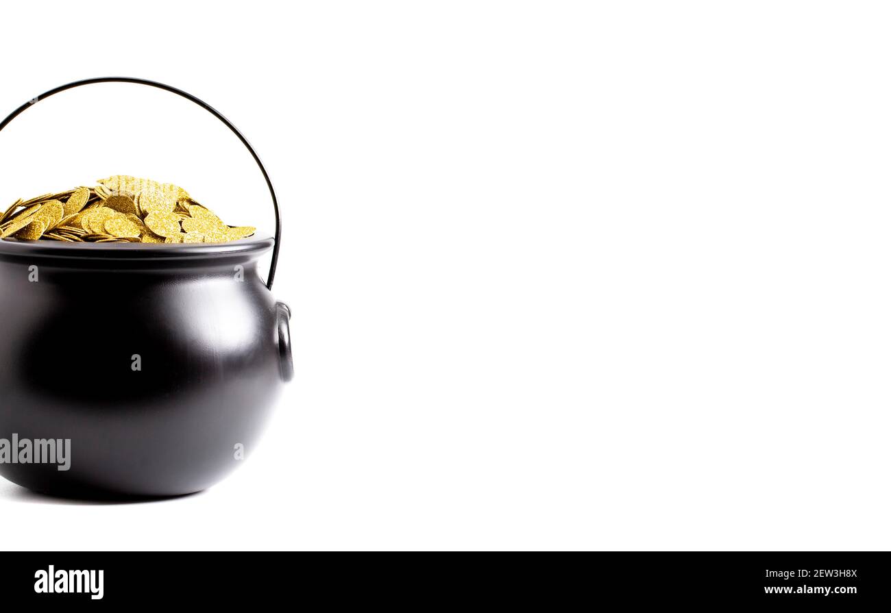 Black Pot Full of Gold Isolated on a White Background Stock Photo - Alamy
