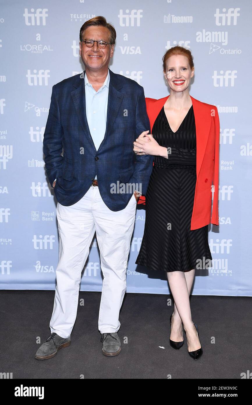 (L-R) Aaron Sorkin and Jessica Chastain attend "Molly's Game" Press ...