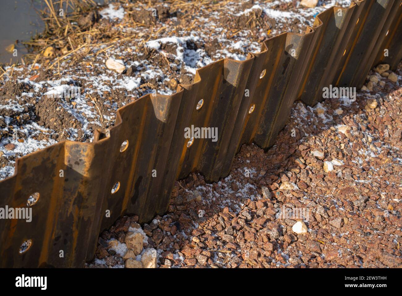 Sheet metal, piling, position, located in ground, supporting, river ...