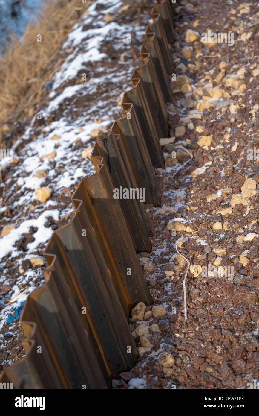 Sheet metal, piling, position, located in ground, supporting, river ...