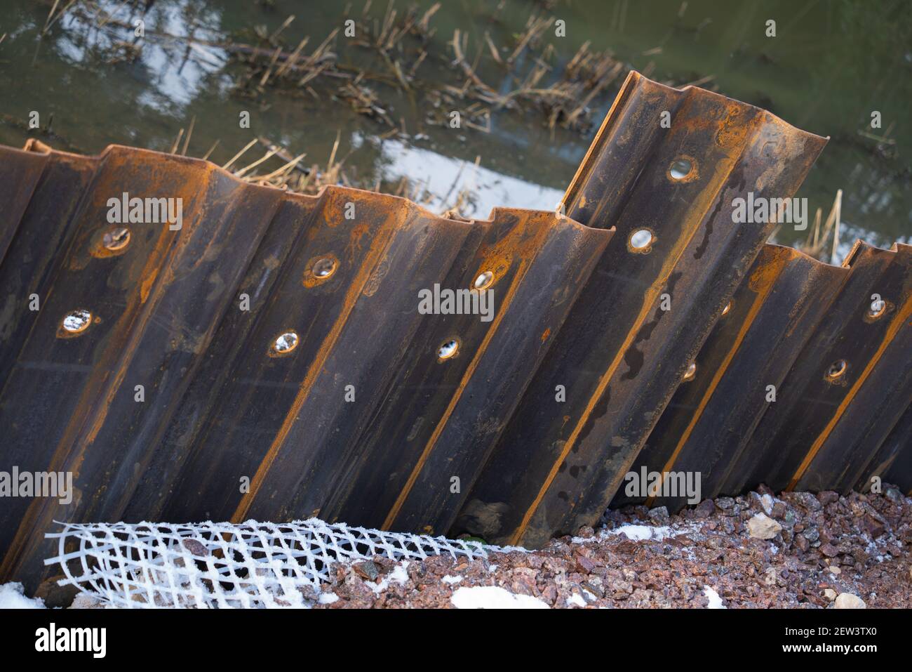 Sheet metal, piling, position, located in ground, supporting, river ...