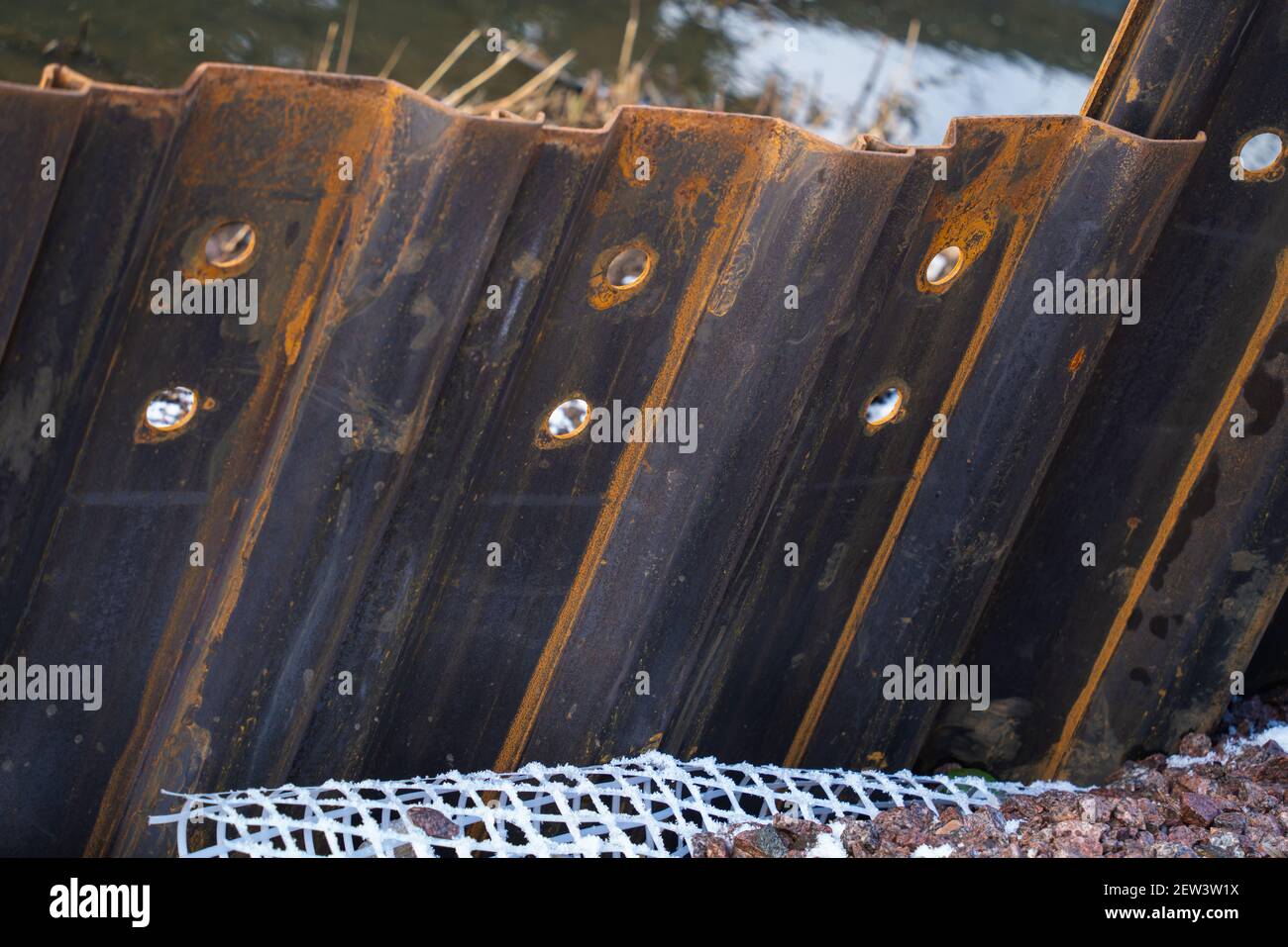 Sheet metal, piling, position, located in ground, supporting, river ...