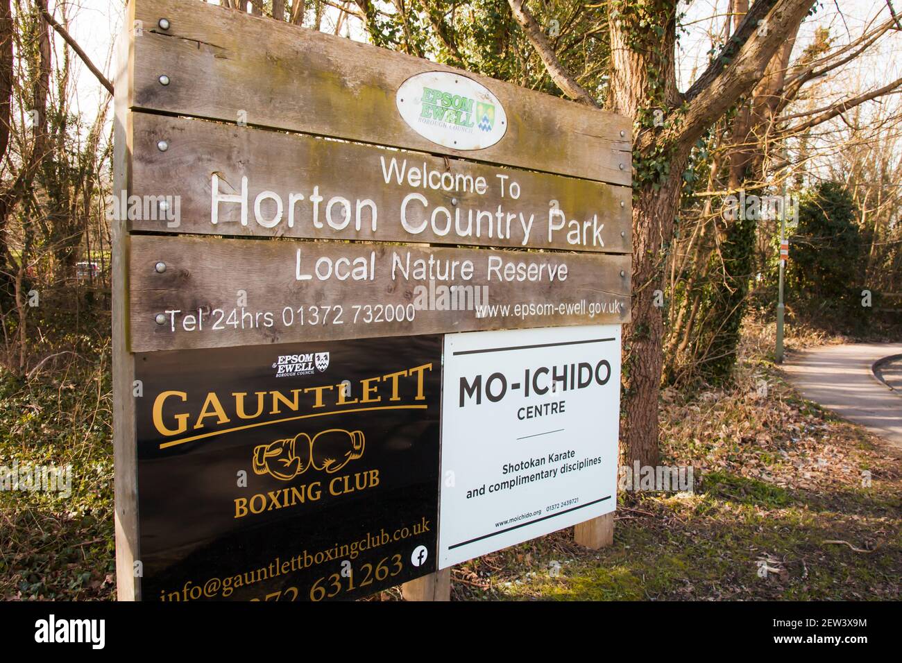 Entrance Horton Country park, Epsom Ewell Surrey 2021 February Winter ...