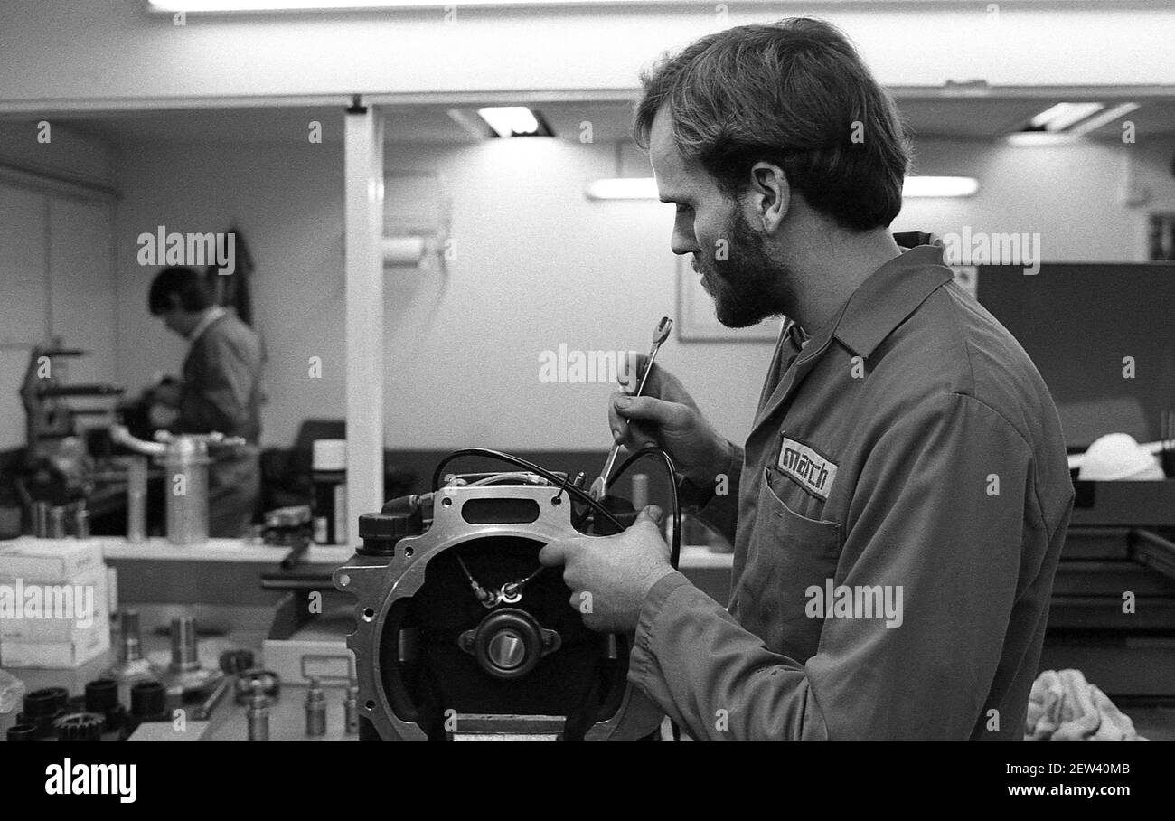 March Engineering racing car constructor in Bicester UK 1984 Stock ...