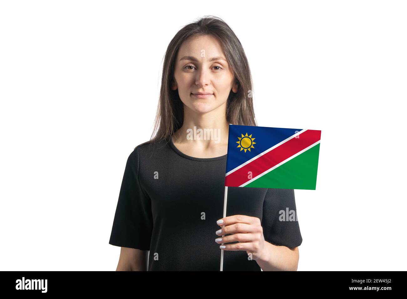 Happy young white girl holding Namibia flag isolated on a white ...