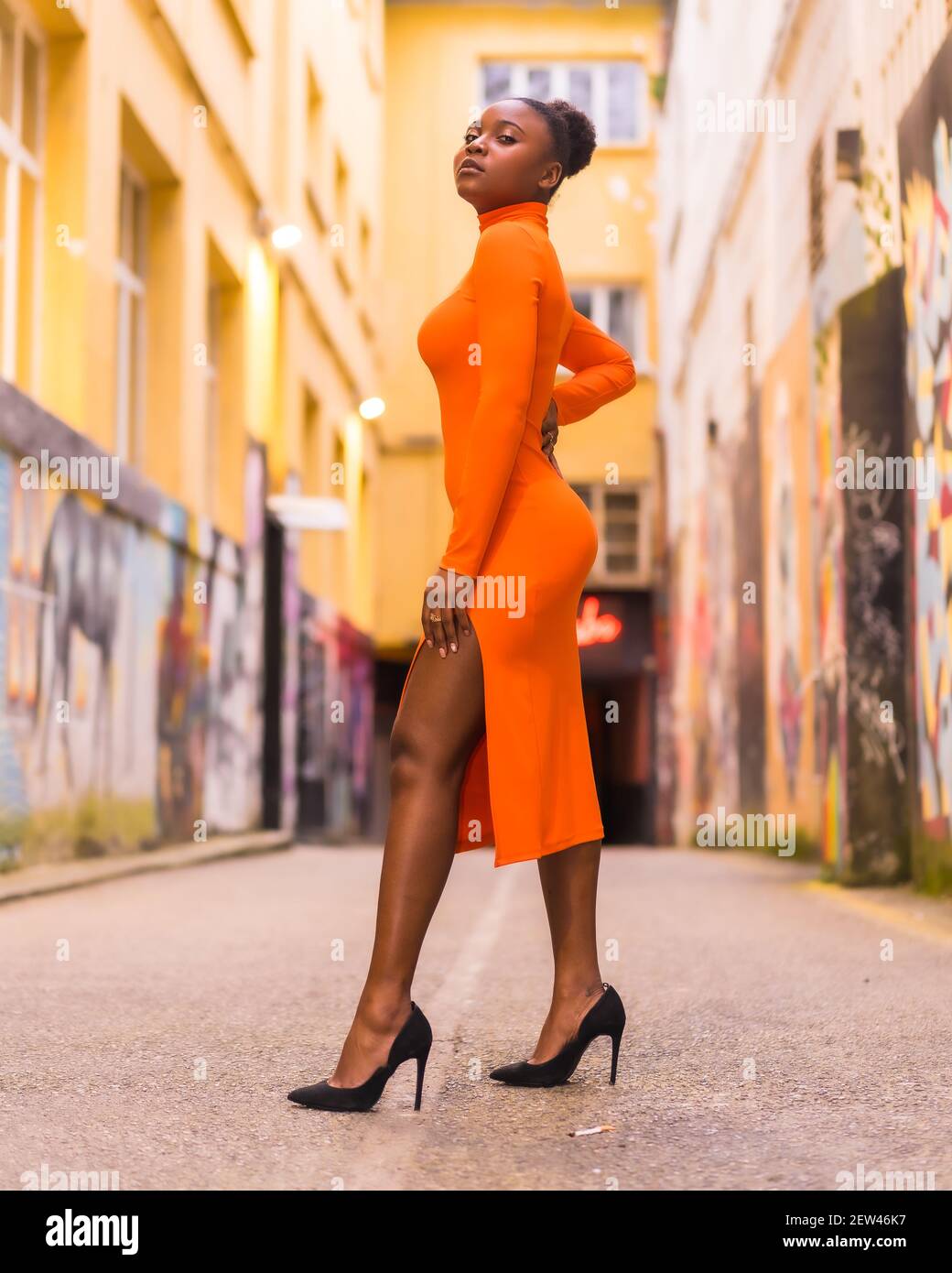 An African-American female model in an elegant orange dress posing in a ...