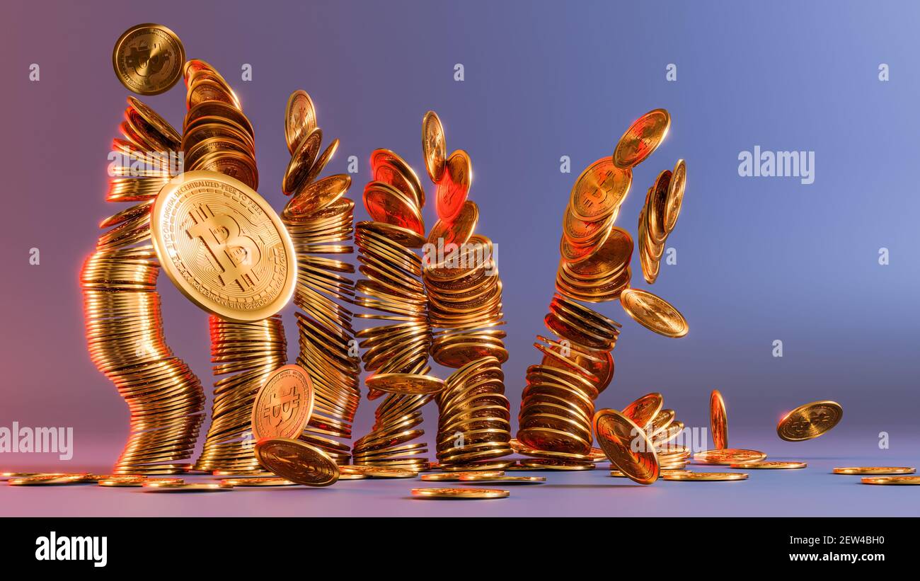 Cryptocurrency Bitcoin golden coins spilling on the table. Crypto ...