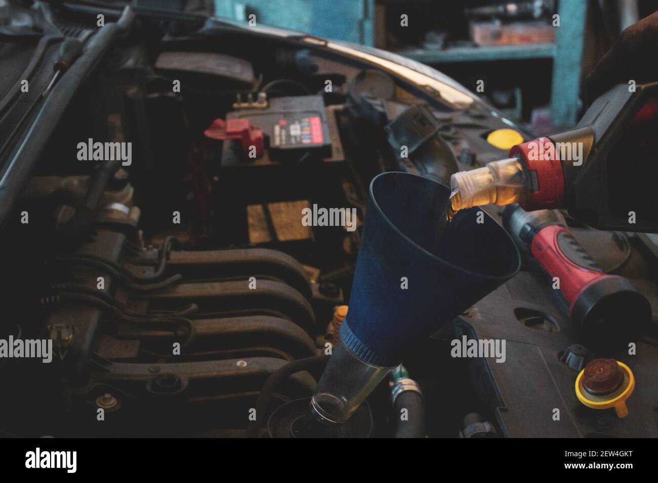 Hand of a professional car mechanic refilling engine oil Stock Photo ...