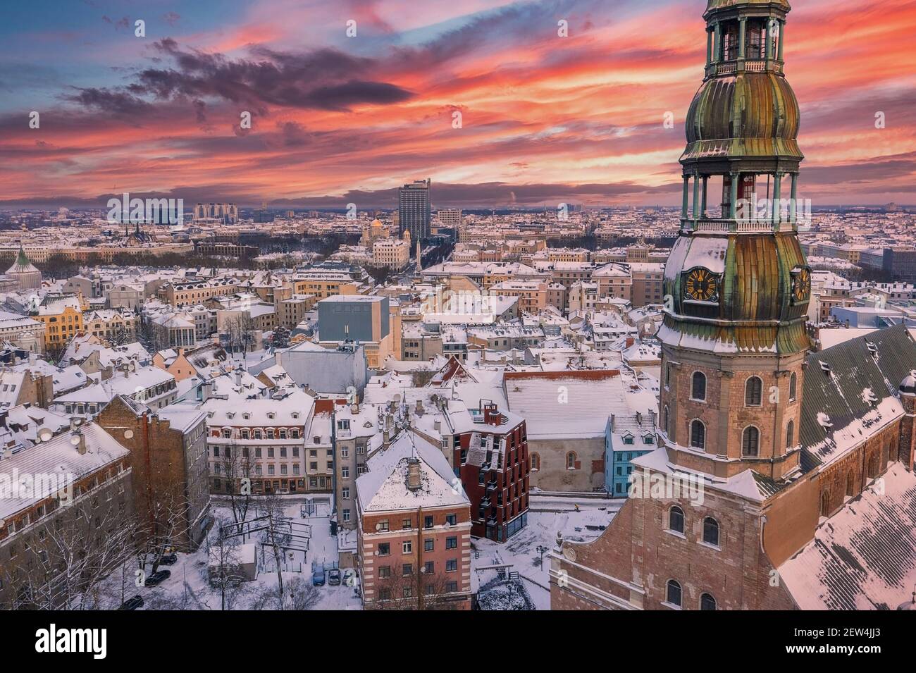 Aerial view of the Riga old town. View of the St. Peters Cathedral ...