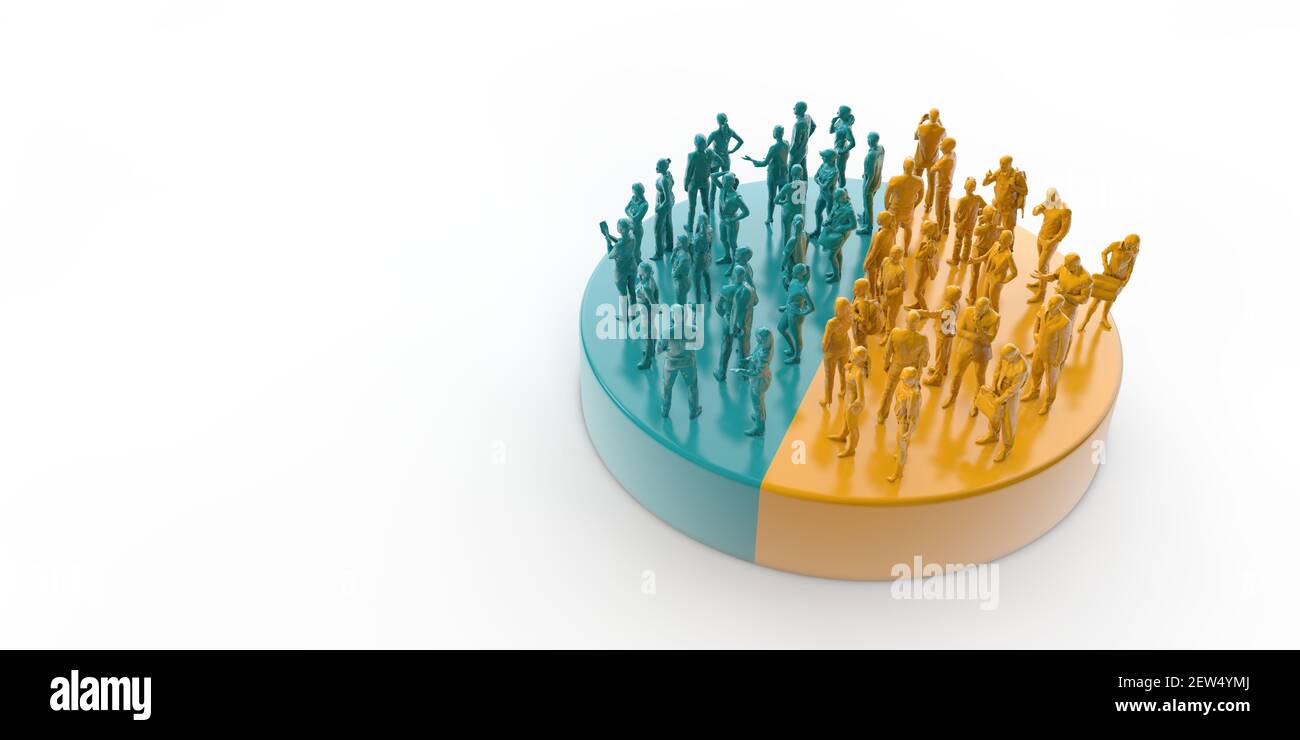 Group of people standing on a pie chart. public voting and statistic ...