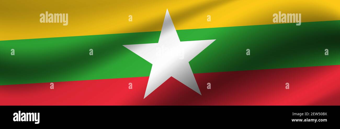 Banner with the flag of Myanmar. Fabric texture of the flag of Myanmar ...