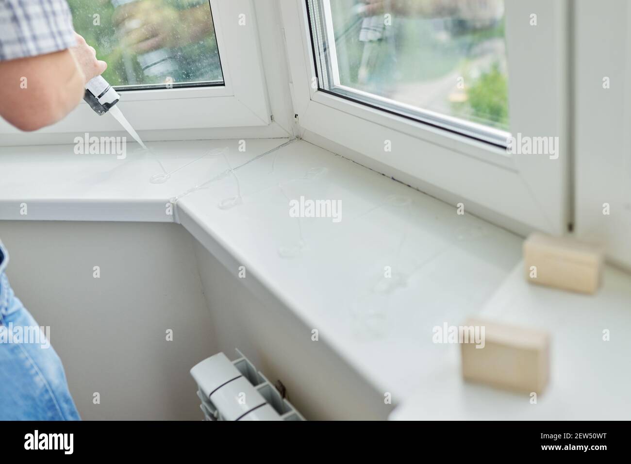 Artificial stone window sill, installation, technological process Stock ...