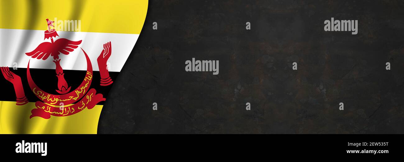 Brunei flag on concrete wall. Banner with fabric texture of the flag of ...