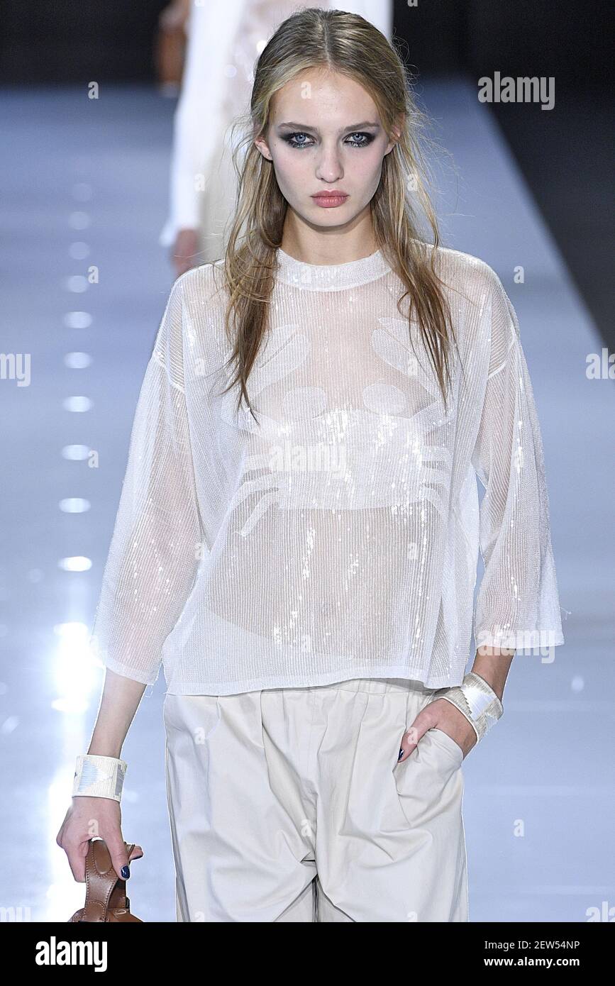 Model Romy Elema walks on the runway during the Emporio Armani Fashion Show during London ...