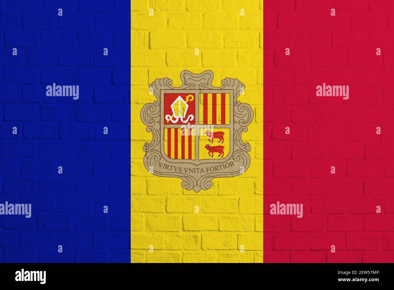 Flag of Andorra. Brick wall texture of the flag of Andorra Stock Photo ...