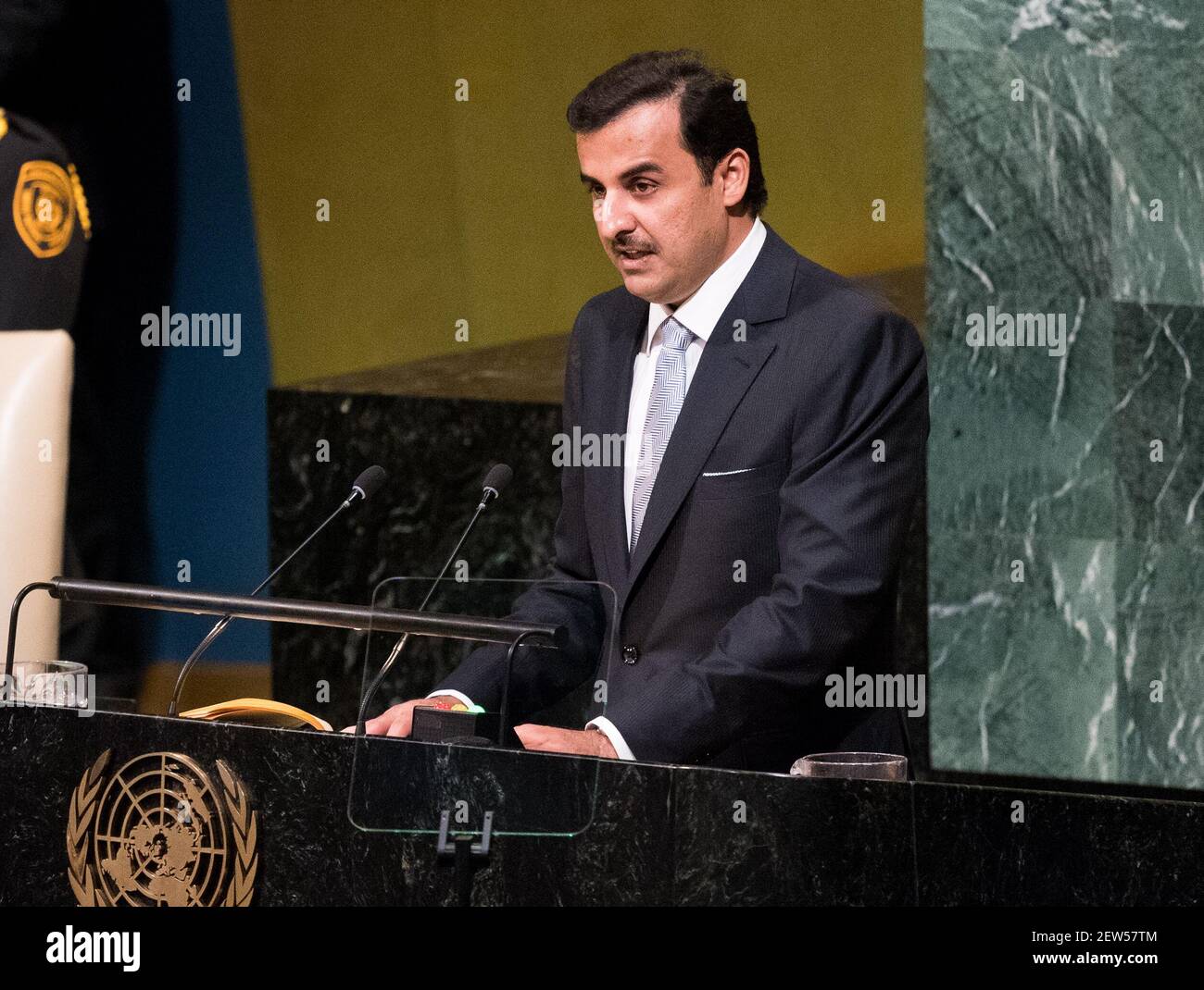 Qatar Emir Sheikh Tamim bin Hamad al-Thani addressing the General ...