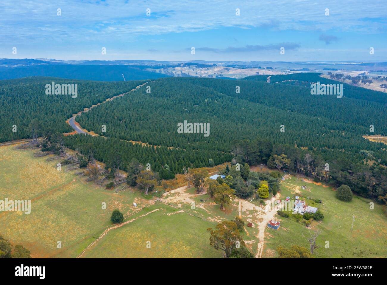 Aerial view of of green farmland in the Central Tablelands in regional ...