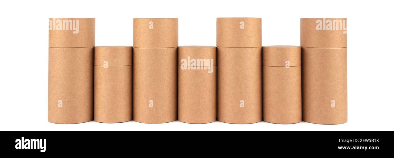 Banner. Different recyclable paper tubes, cardboard containers with ...