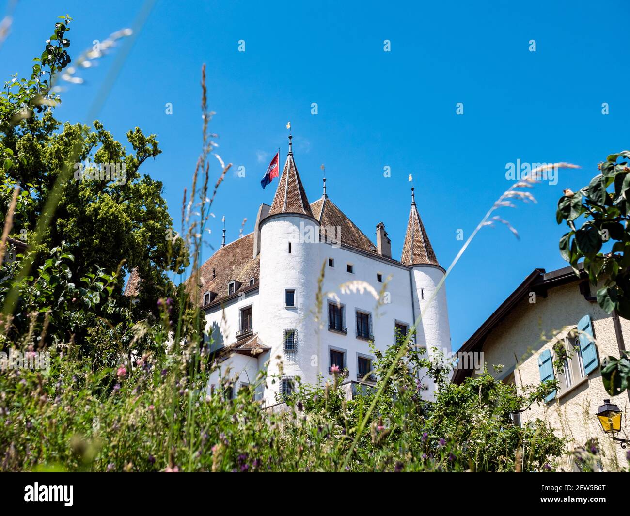 The medieval castle of Nyon, Switzerland. It is all about summer ...