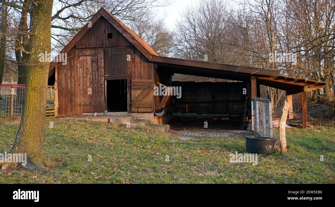 Old barn on the meadow. Rustic sheep stable built on a hill. The rays ...