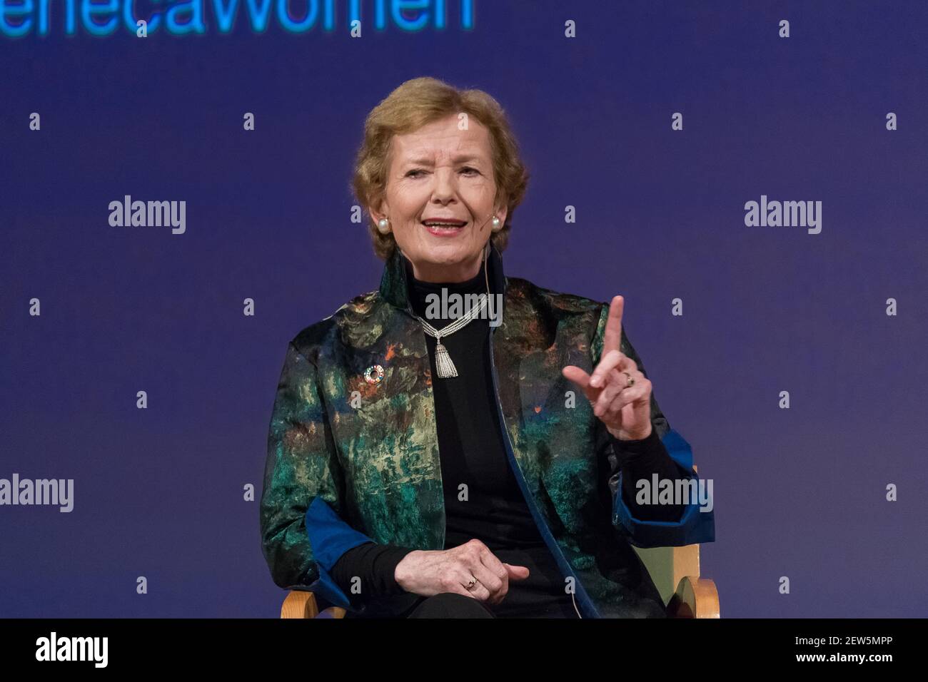 Mary Robinson is seen during a panel discussion at the "Fast Forward ...