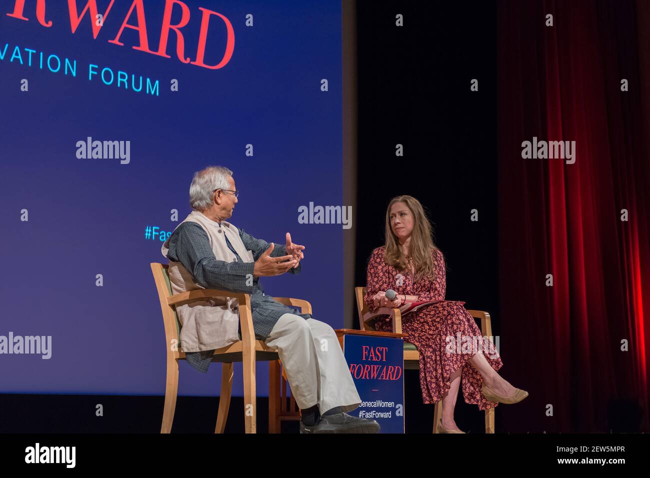 Chelsea Clinton (R) is seen with Muhammad Yunus (L) during a panel ...