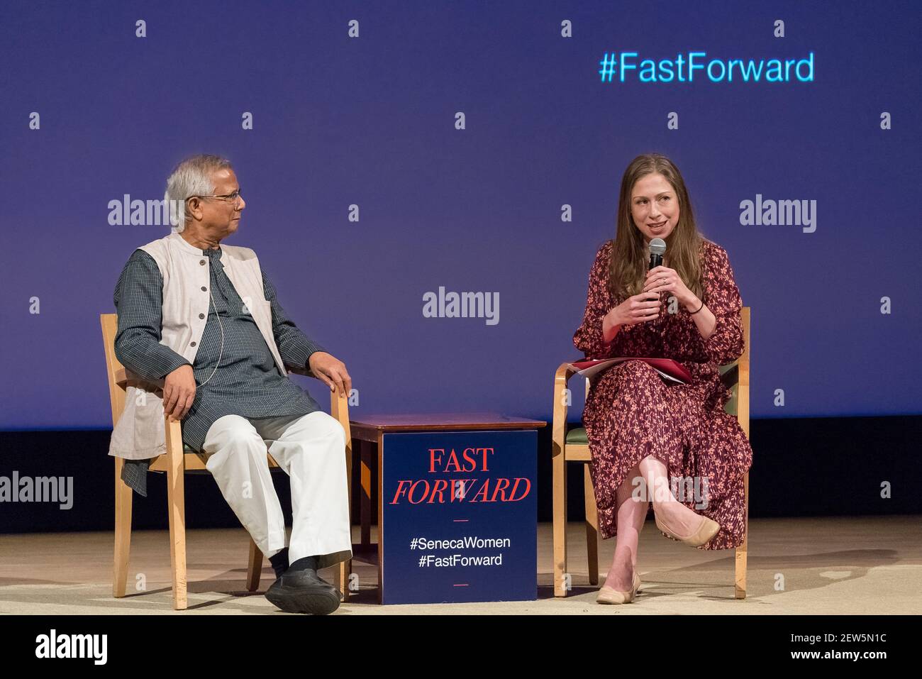 Chelsea Clinton (R) is seen with Muhammad Yunus (L) during a panel ...