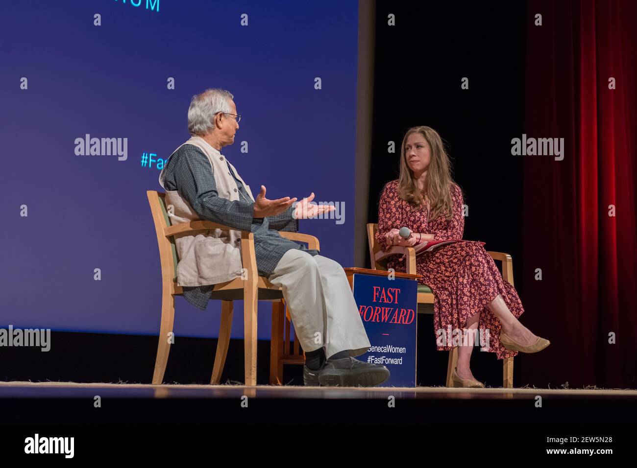 Chelsea Clinton (R) is seen with Muhammad Yunus (L) during a panel ...