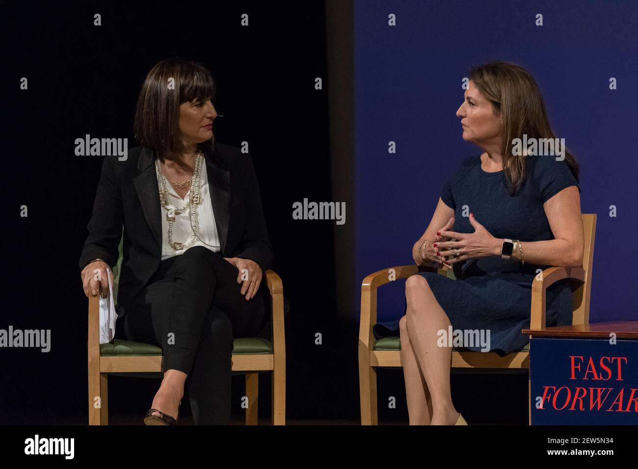 Kim Azzarelli (L) and Joan LaRovere (R) are seen during a panel ...