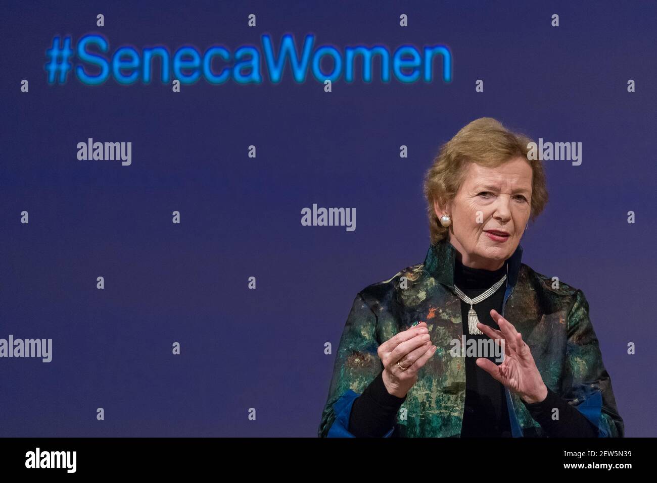 Mary Robinson is seen during a panel discussion at the "Fast Forward ...