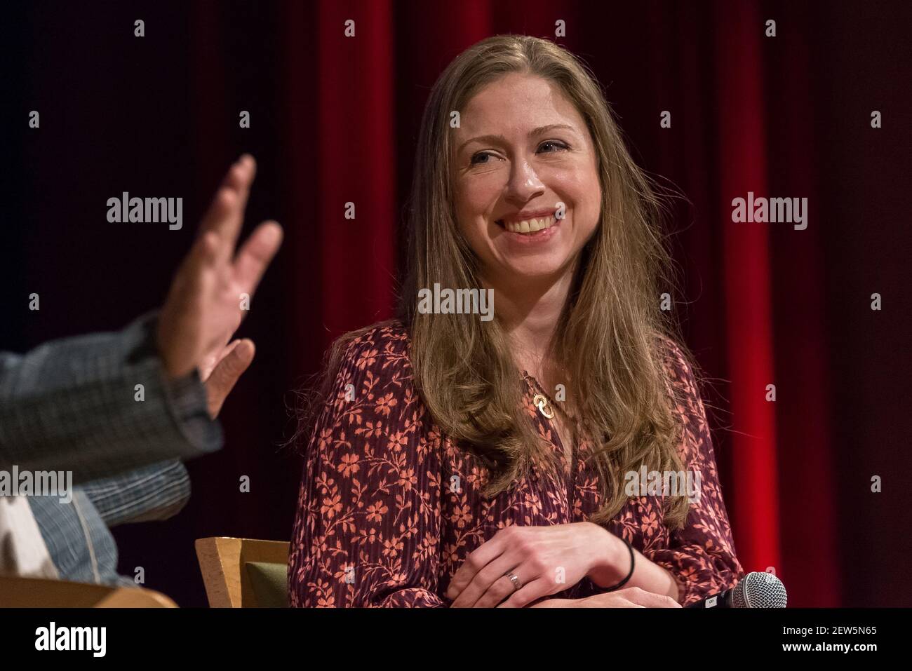 Chelsea Clinton is seen during a panel discussion at the "Fast Forward ...