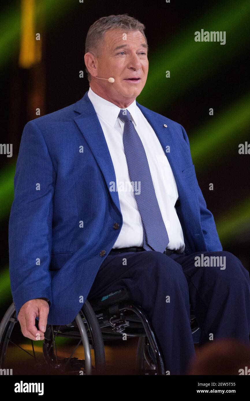 Canada's Man in Montion Rick Hansen speaks on stage during the 2017 ...