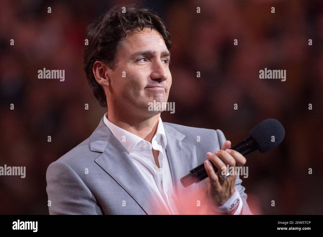 Prime Minister of Canada Justin Trudeau speaks on stage during the 2017 ...