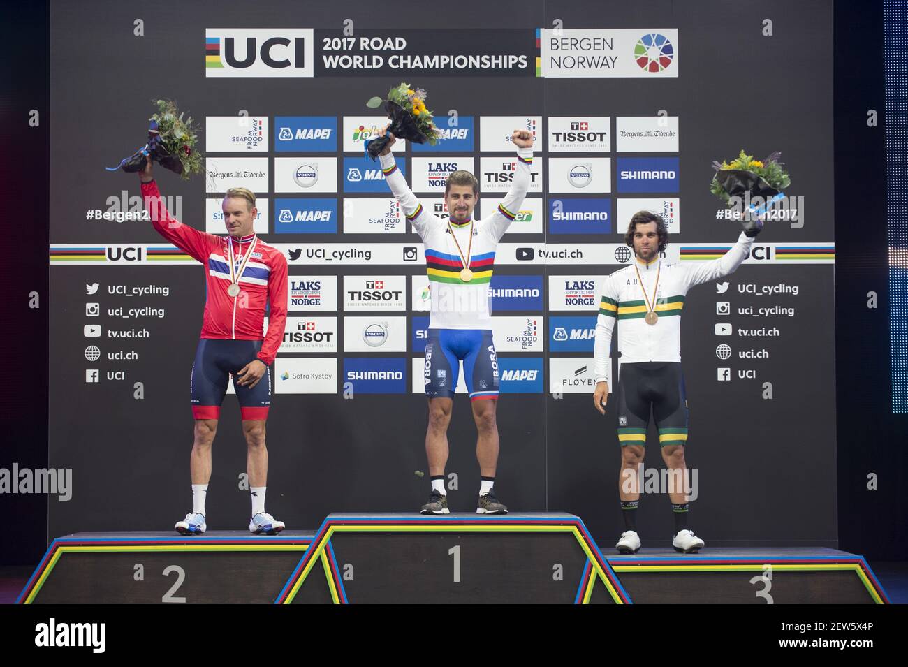 The podium for the men's elite road race; Peter Sagan in first(Center ...