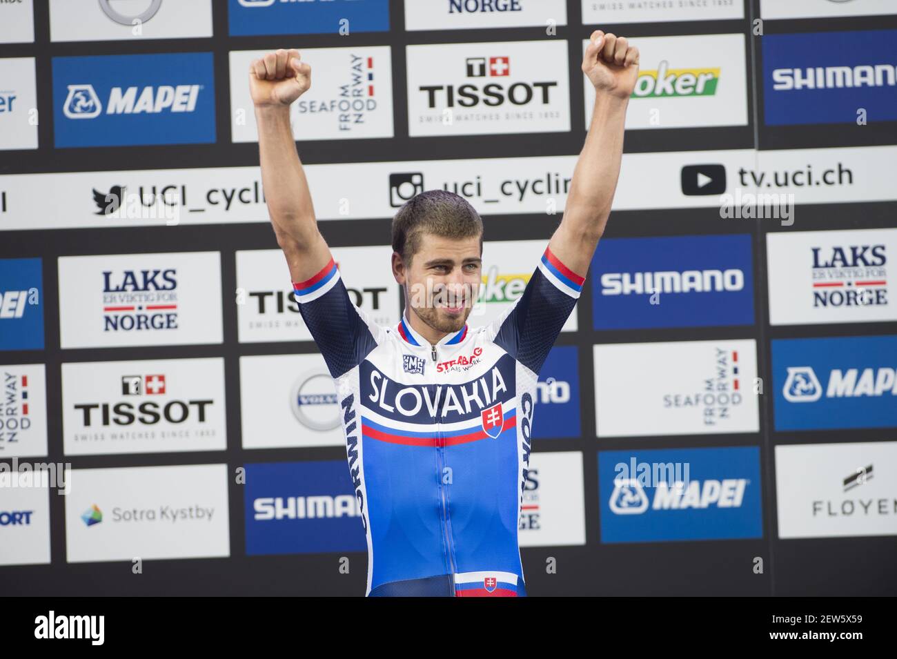 World Champion Peter Sagan of Slovakie celebrates his win on the podium ...
