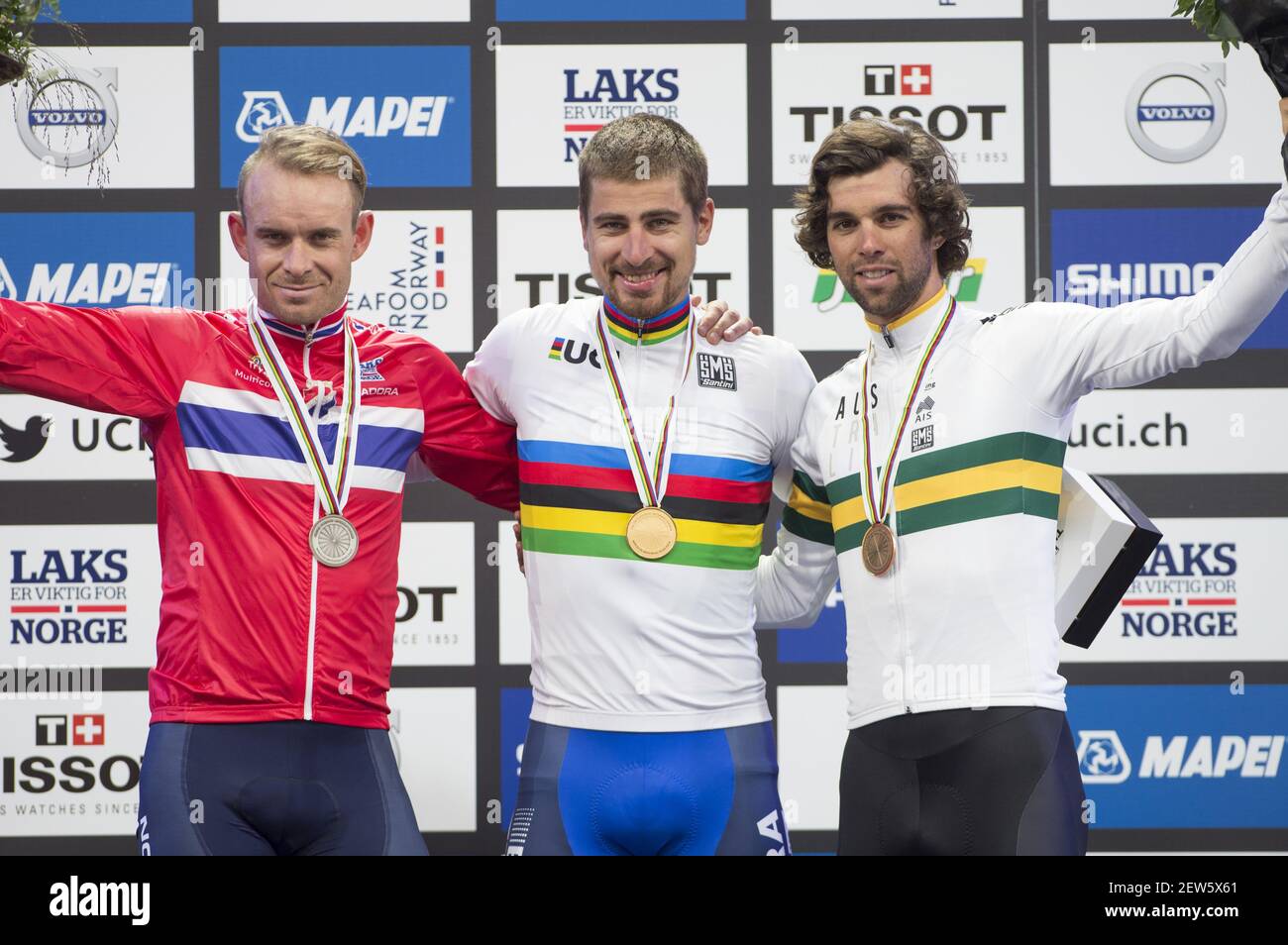 The podium for the men's elite road race; Peter Sagan in first(Center ...