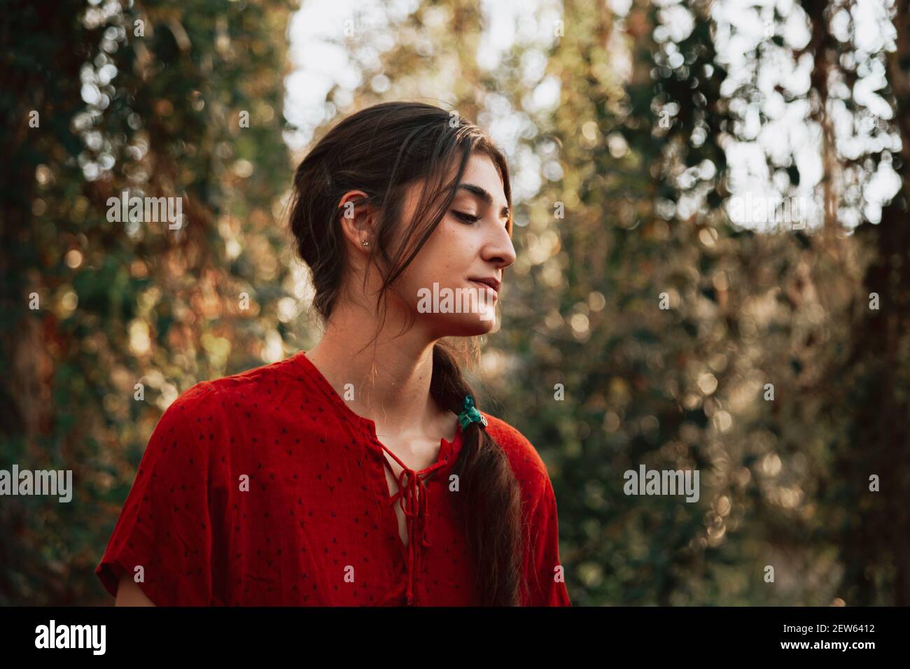 Beautiful woman looking down. Fall season. Amazing autumn mood Stock ...