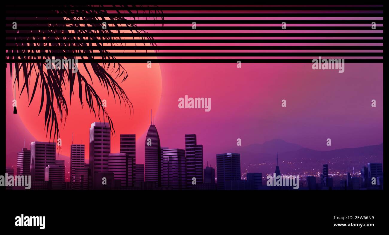 Retrowave City 3d Retro Wave City Background. Neon Night... Stock