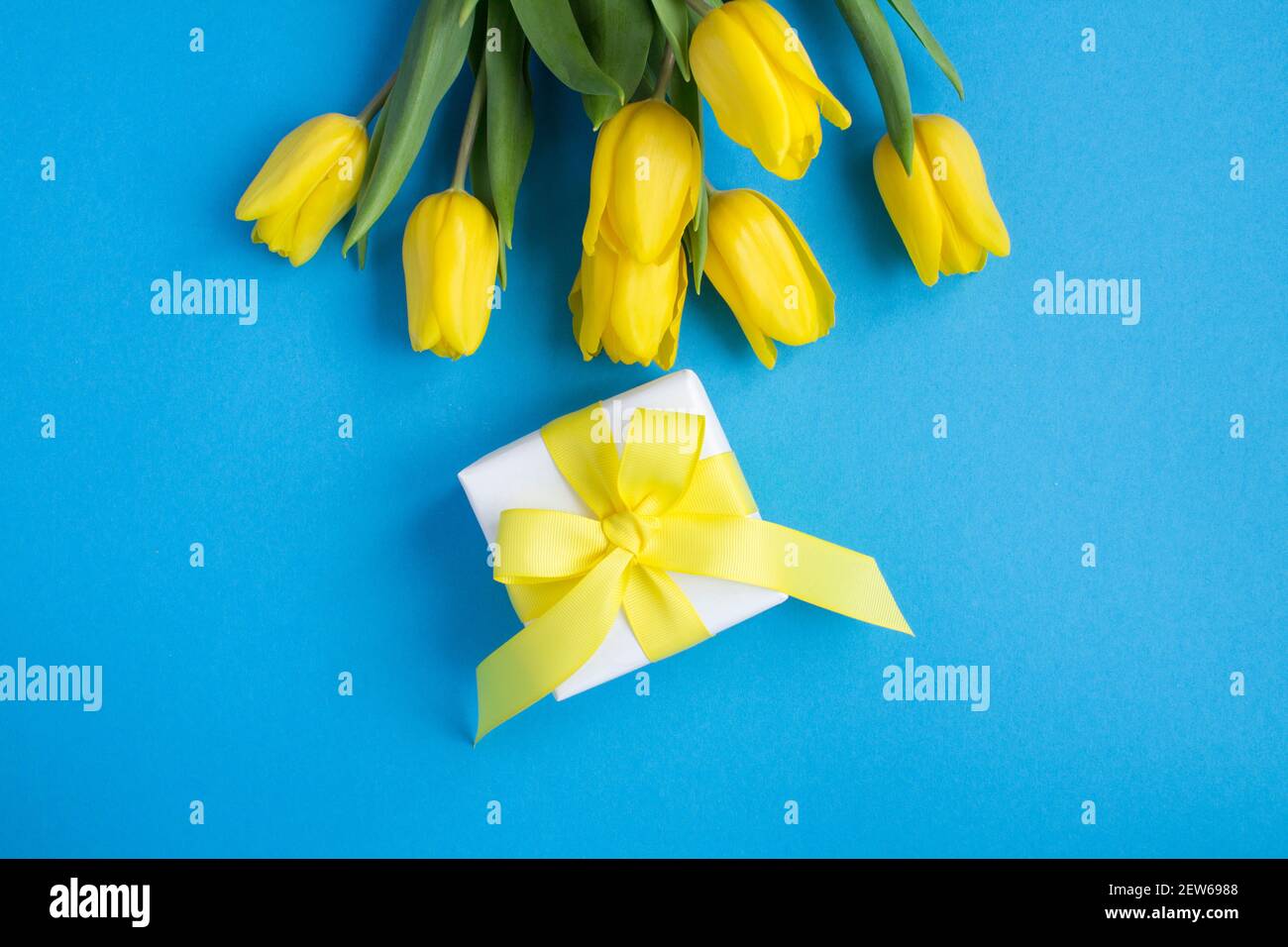 Top view of gift box and yellow tulips on the blue background Stock ...