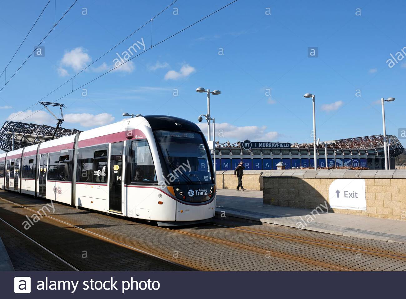 Tram at Murrayfield Stadium Tram stop with a view of Murrayfield Rugby ...