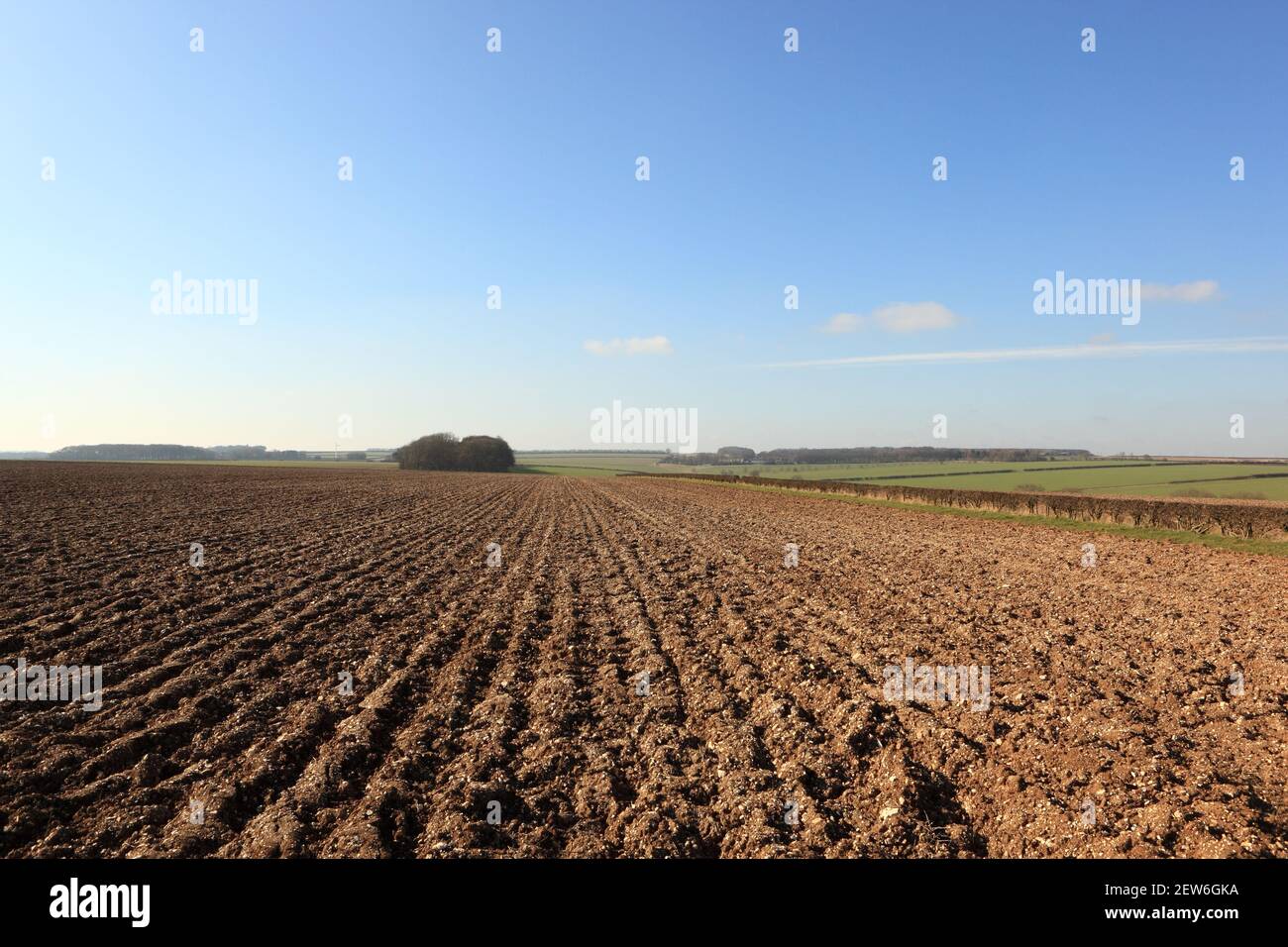 Ploughed winter arable fields in the scenic Yorkshire wolds in February ...